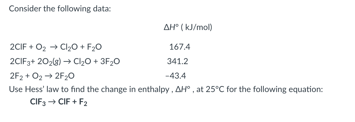 Consider the following data: Use Hess' law to find | Chegg.com