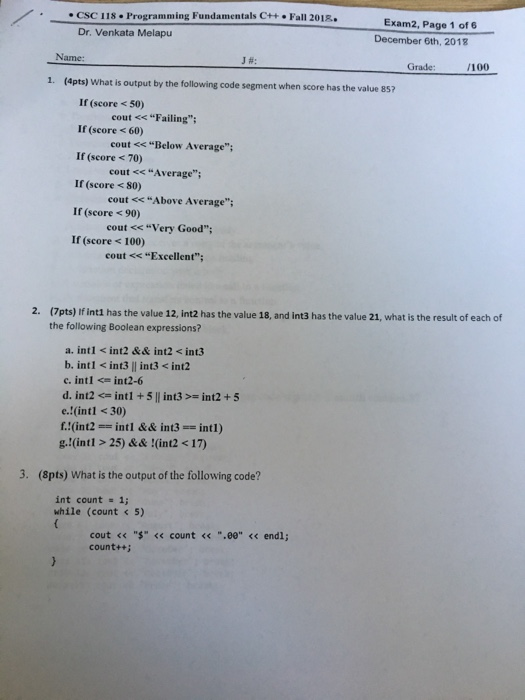 Solved ·CSC I 18 . Programming Fundamentals C++ . Fall 2018. | Chegg.com