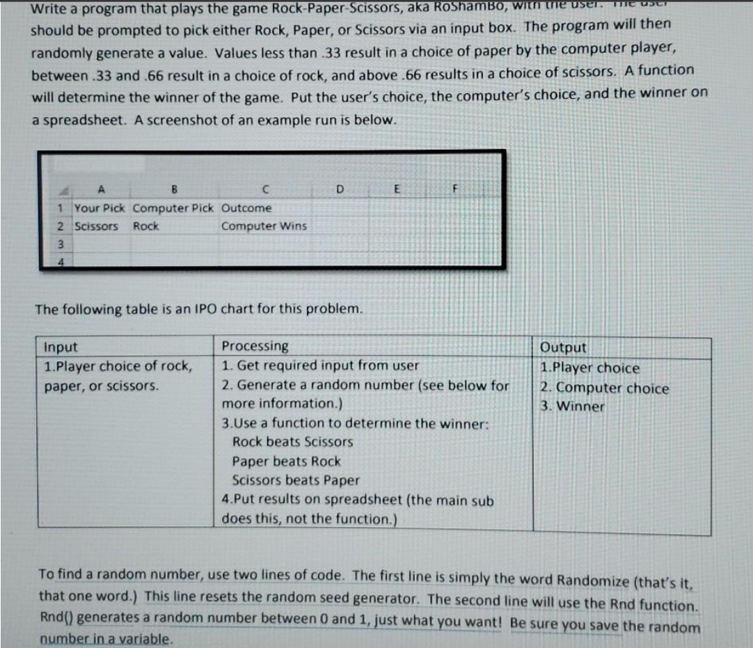 Solved PLEASE WRITE THE CODE IN VBA EXCEL ONLY. No function, | Chegg.com