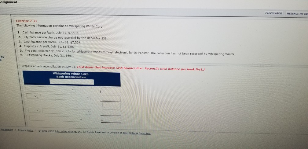 Solved ssignment CALCULATOR MESSAGE MY INS Exercise 7-11 The | Chegg.com