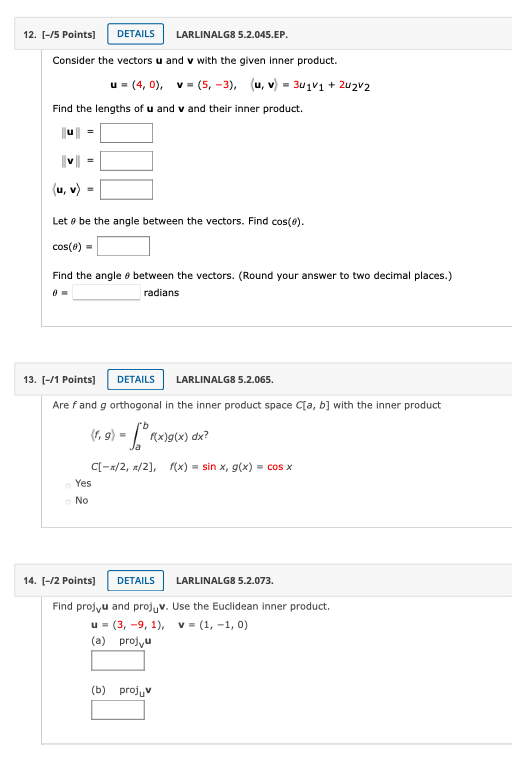 Solved 12. (-/5 Points] DETAILS LARLINALG8 5.2.045.EP. | Chegg.com
