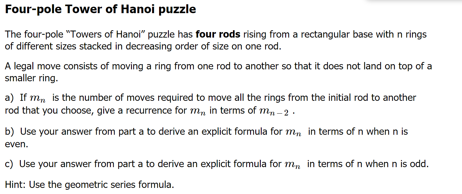 Solved Four-pole Tower of Hanoi puzzle The four-pole "Towers | Chegg.com