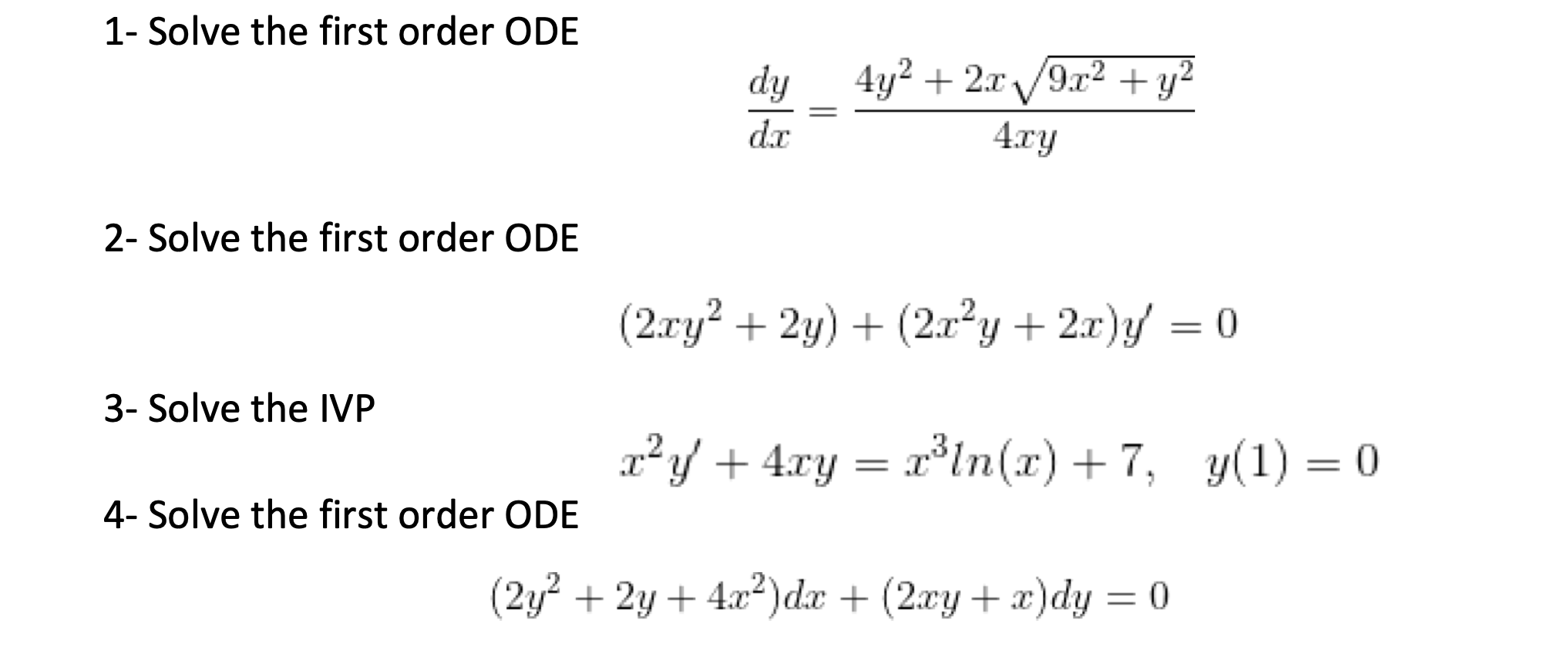 Solved 1- ﻿Solve the first order ODEdydx=4y2+2x9x2+y224xy2- | Chegg.com
