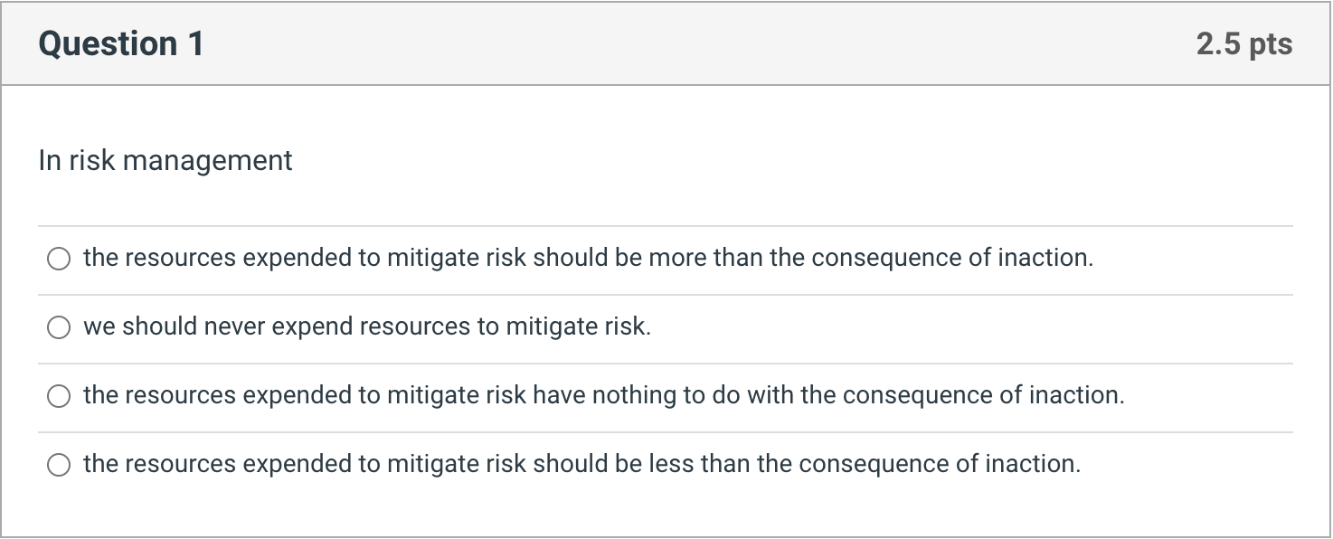 Solved In risk management the resources expended to mitigate | Chegg.com