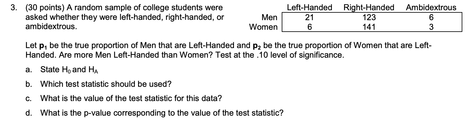 Solved Left-Handed Ambidextrous 3. (30 points) A random | Chegg.com