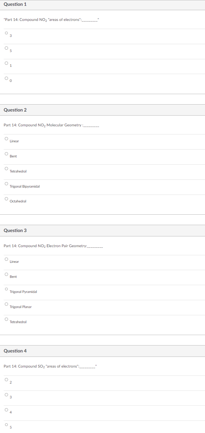 Solved "Part 14: Compound NO2 "areas of electrons": 3 5 | Chegg.com