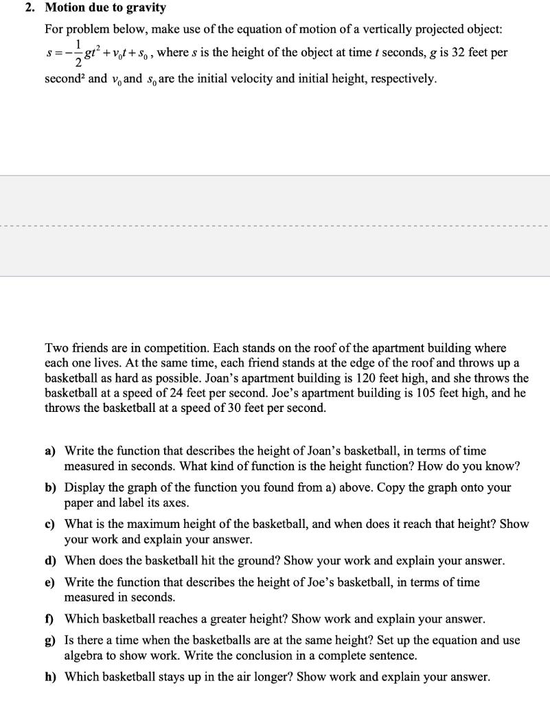 Solved 2. Motion due to gravity For problem below, make use | Chegg.com