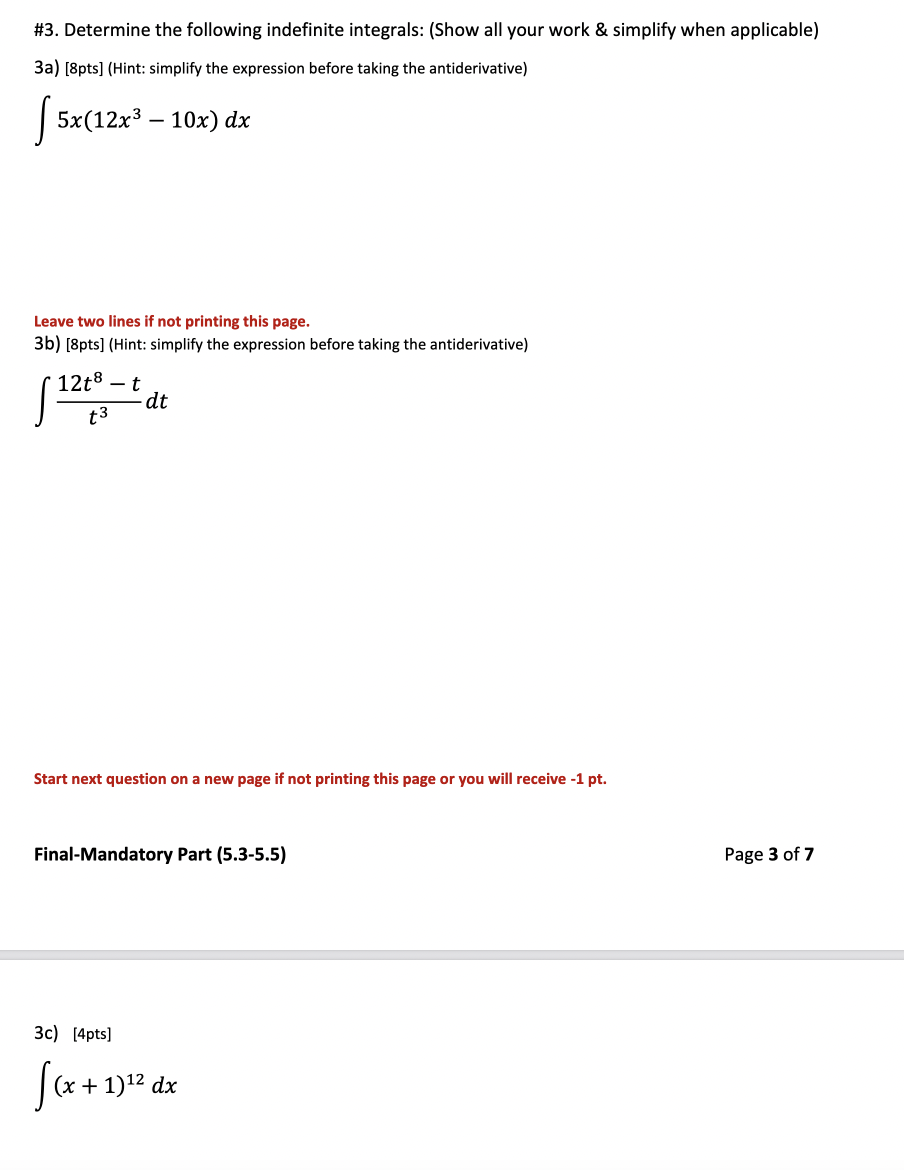 Solved #3. Determine the following indefinite integrals: | Chegg.com