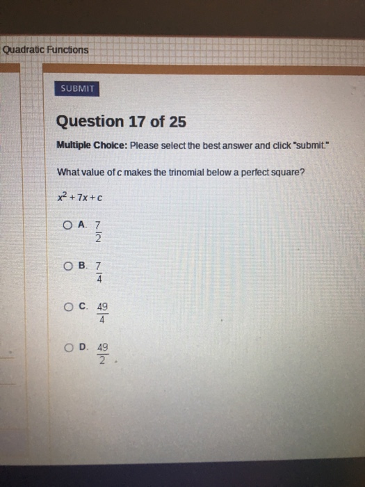 Solved What value of c makes the trinomial below a perfect | Chegg.com