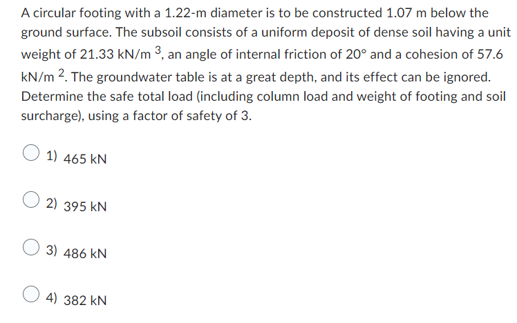 Solved A circular footing with a 1.22−m diameter is to be | Chegg.com