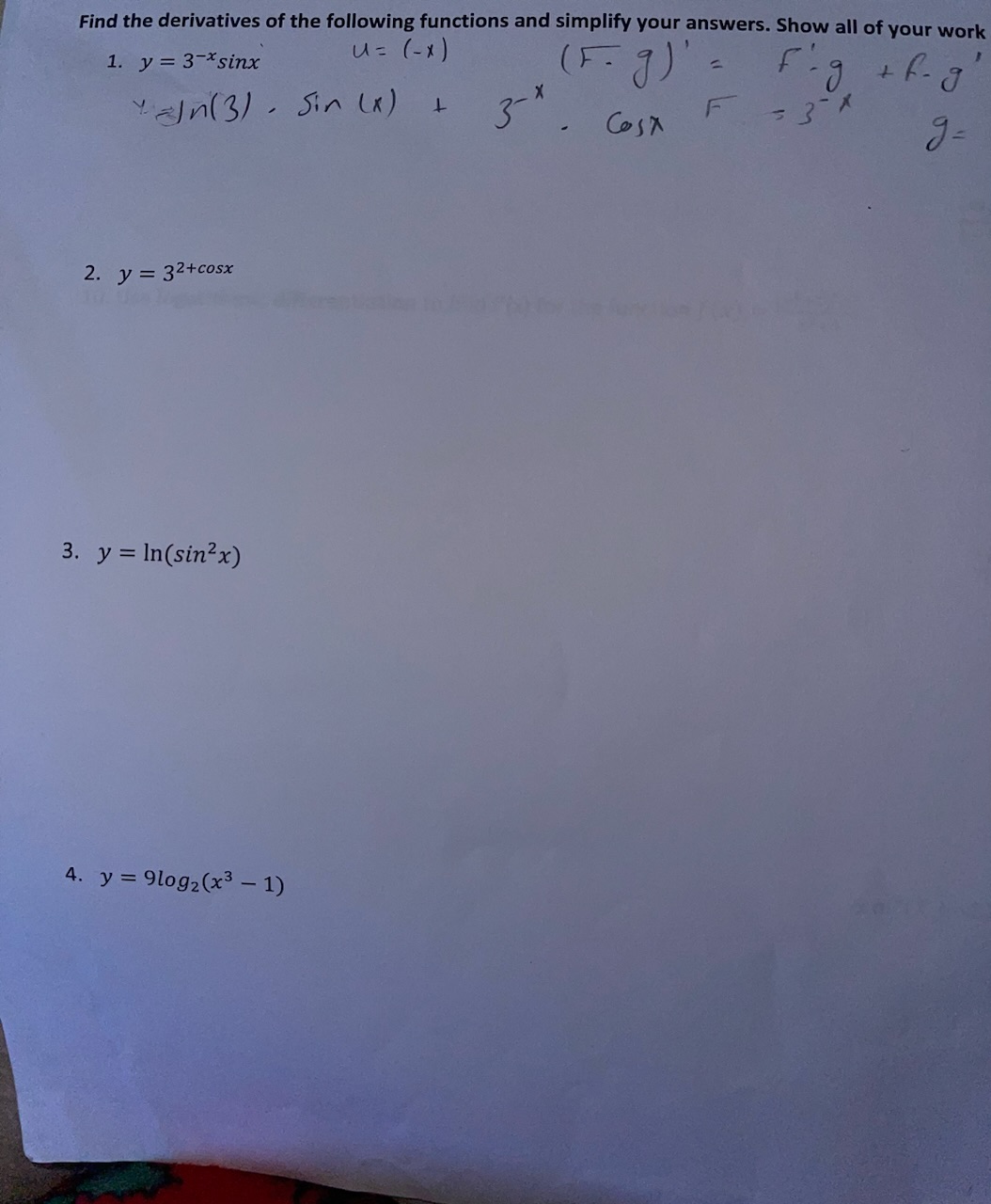 Solved 1. y=3−xsinxu=(−x) y⇒ln(3),sin(x) y=32+cosx | Chegg.com