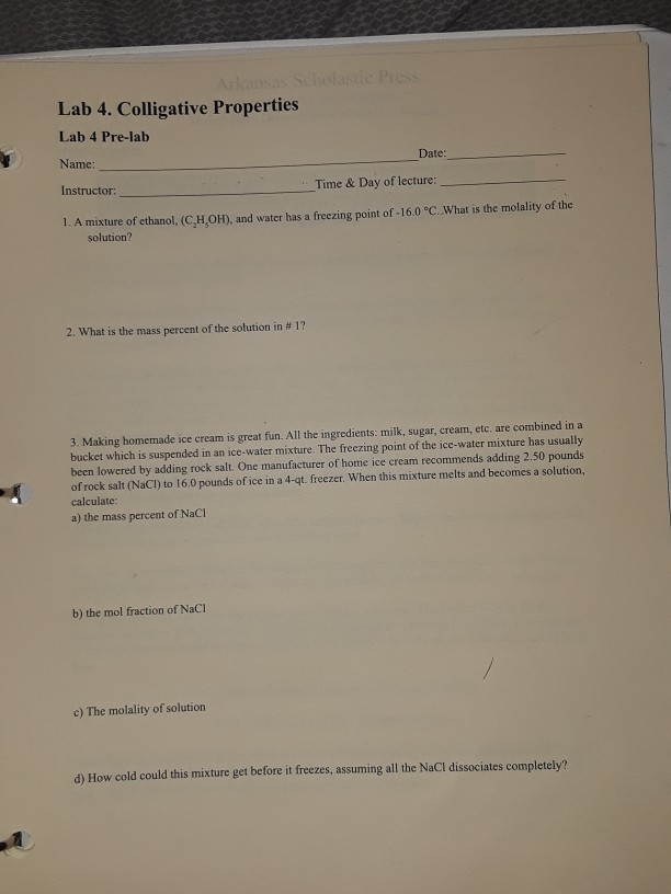 Solved Lab 4. Colligative Properties Lab 4 Pre-lab Date: | Chegg.com