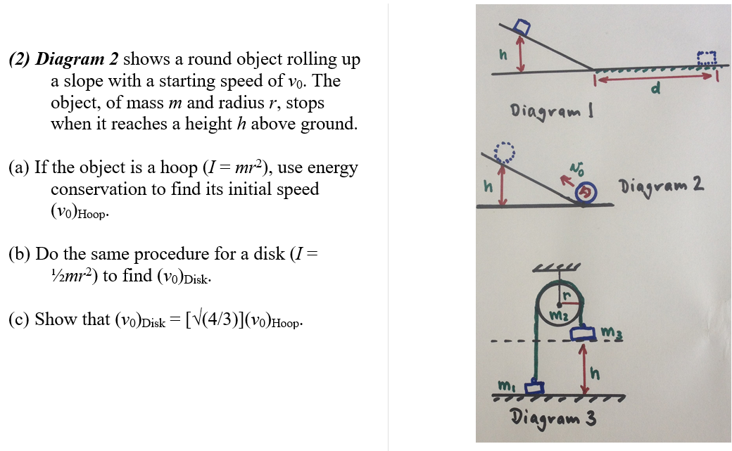 Solved (2) Diagram 2 shows a round object rolling up a slope | Chegg.com
