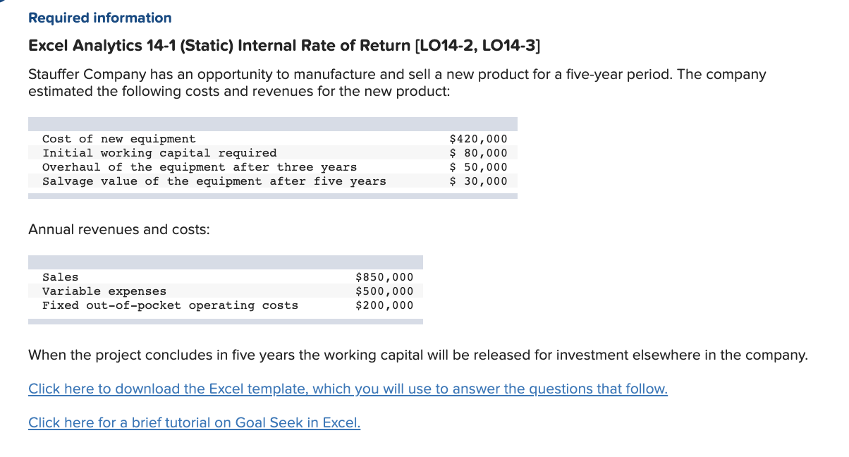 Solved Required information Excel Analytics 14-1 (Static) | Chegg.com