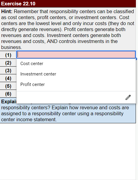 Solved Types of Responsibility Centers and Basis for | Chegg.com