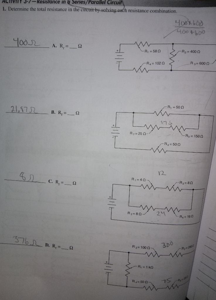 Solved 1. Determine the total resistance in the circuit by | Chegg.com