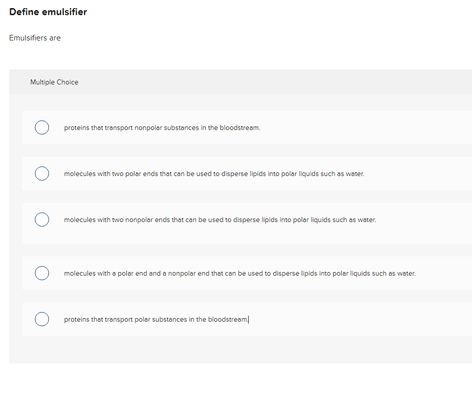 Solved Define emulsifier Emulsifiers are Multiple Choice о | Chegg.com