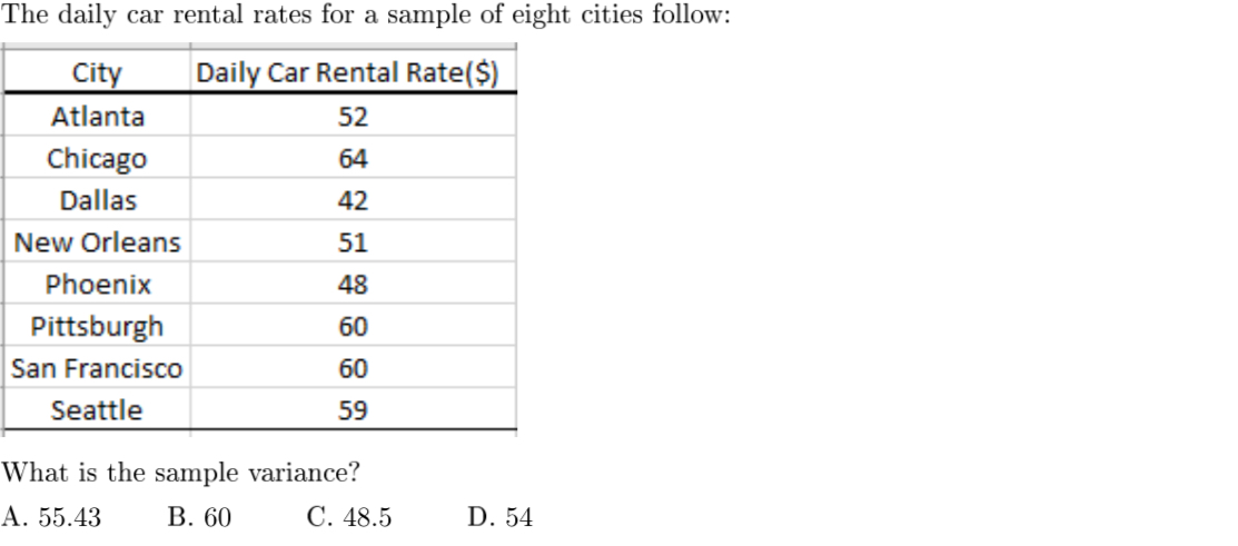 Solved The daily car rental rates for a sample of eight | Chegg.com