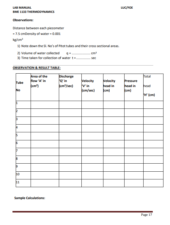 LUC/FOE LAB MANUAL BME 1133 THERMODYNAMICS Experiment | Chegg.com