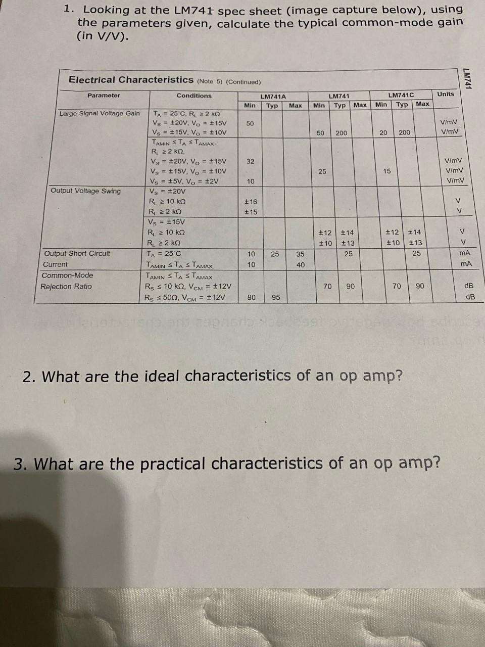 Solved 1. Looking at the LM741 spec sheet (image capture | Chegg.com
