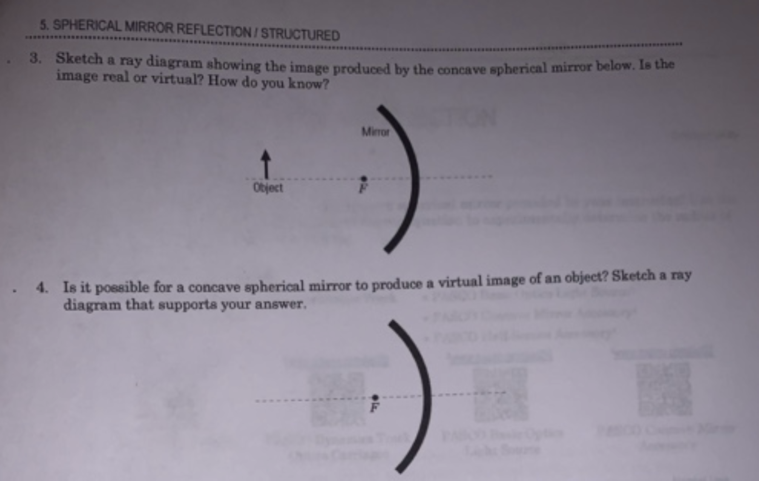 Solved 5. SPHERICAL MIRROR REFLECTION / STRUCTURED 3. Sketch | Chegg.com