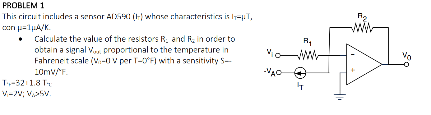 Solved PROBLEM 1This circuit includes a sensor AD590 (IT) | Chegg.com