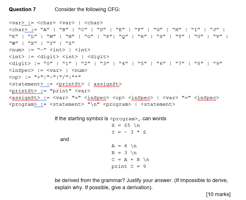 Solved Question 7 Consider the following CFG: var := char | Chegg.com