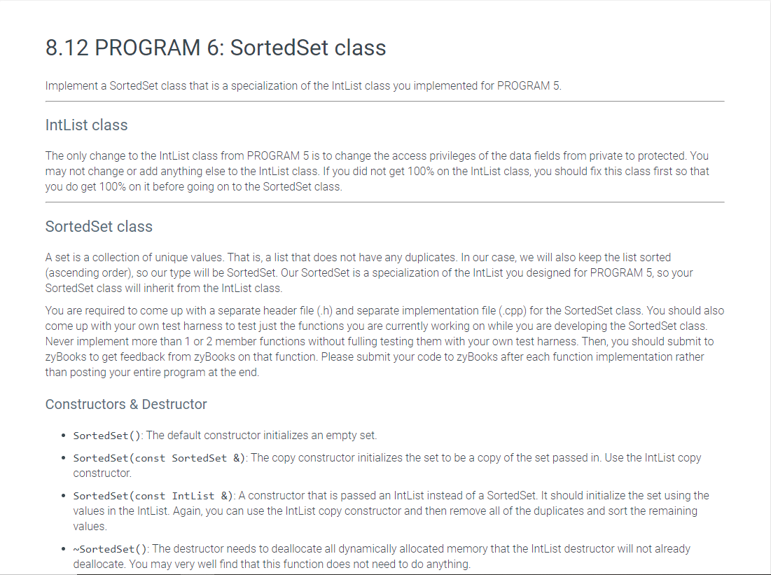8.12 PROGRAM 6: SortedSet class Implement a Sorted | Chegg.com