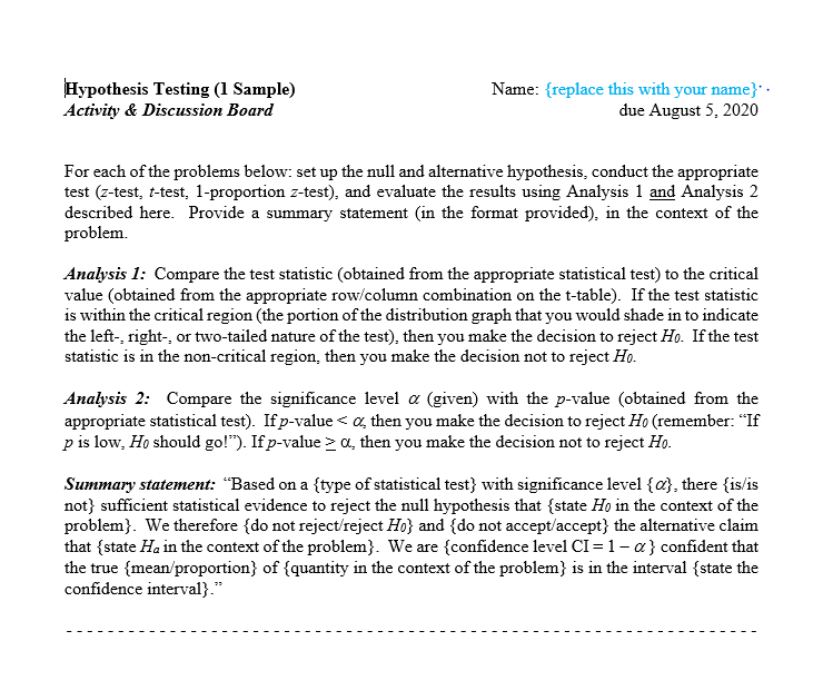 Solved Hypothesis Testing (1 Sample) Activity & Discussion | Chegg.com