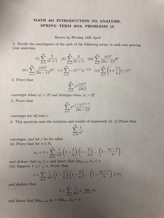 Solved MATH 401 INTRODUCTION TO ANALYSIS, SPRING TERM 2018, | Chegg.com