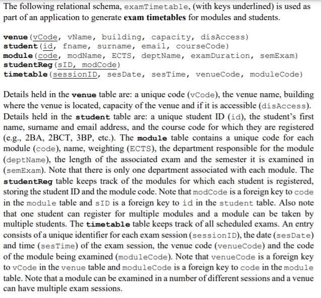 The following relational schema, examTimetable, (with | Chegg.com