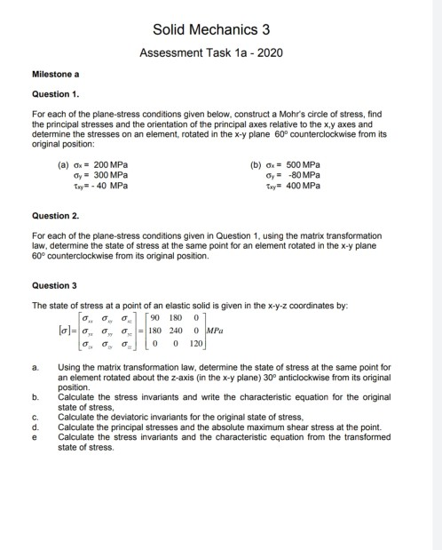 Solved Solid Mechanics 3 Assessment Task 1a - 2020 Milestone | Chegg.com