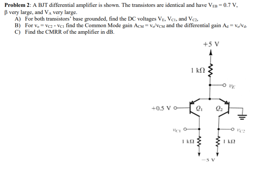 Solved Problem 2: A BJT differential amplifier is shown. The | Chegg.com