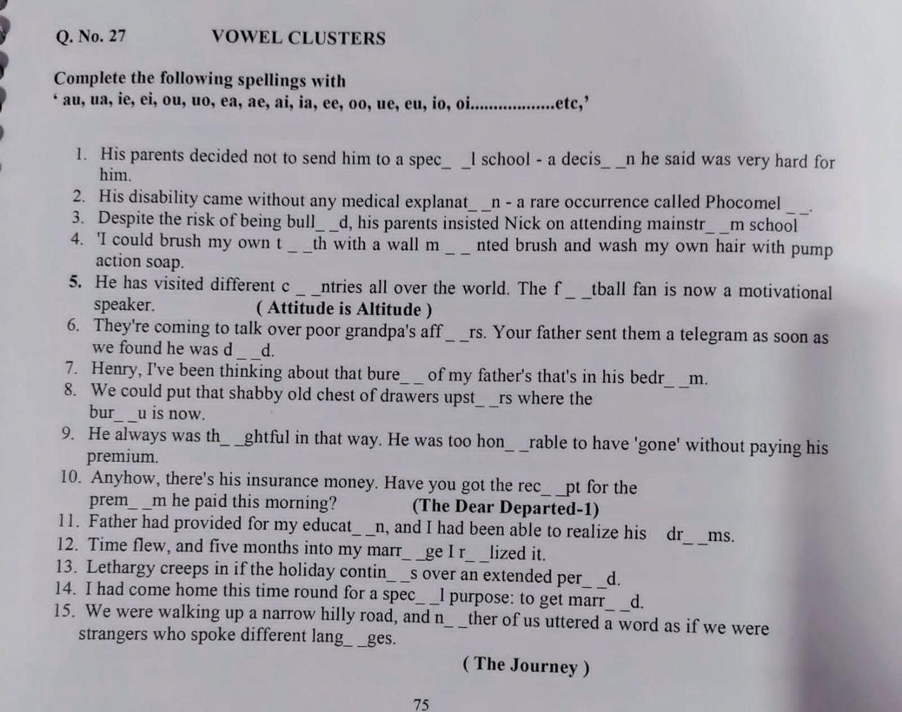 Solved Q. No. 27 VOWEL CLUSTERS Complete the following | Chegg.com