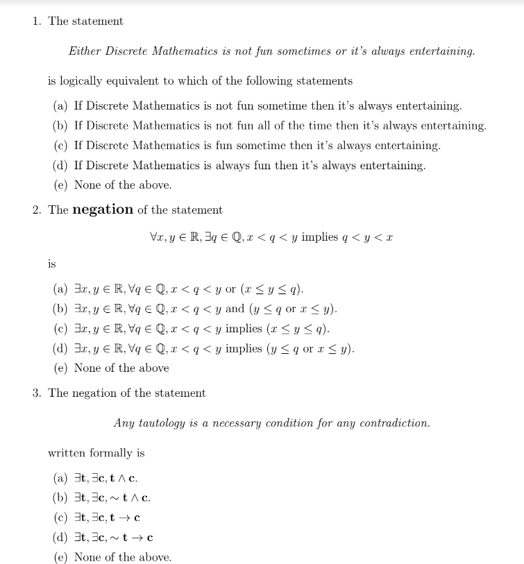 Solved 1. The statement Either Discrete Mathematics is not | Chegg.com