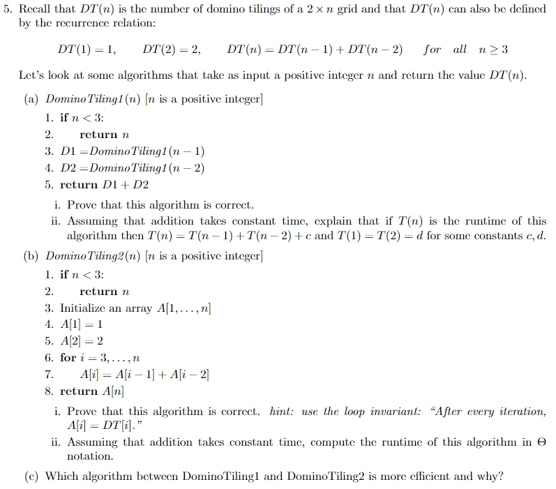 Solved 5. Recall that DT(n) is the number of domino tilings | Chegg.com