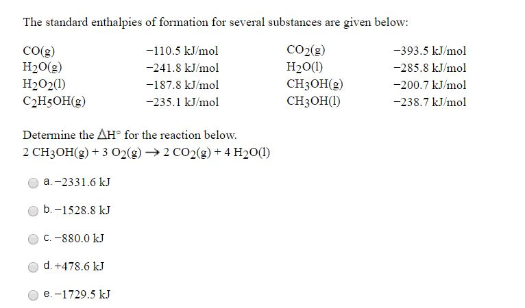 Solved The Standard Enthalpies Of Formation For Several