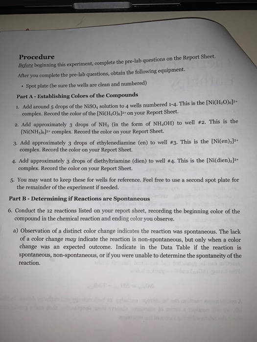 Solved Report Sheet Name Pre-Lab Questions [Ni(H0) ] + + 6 | Chegg.com