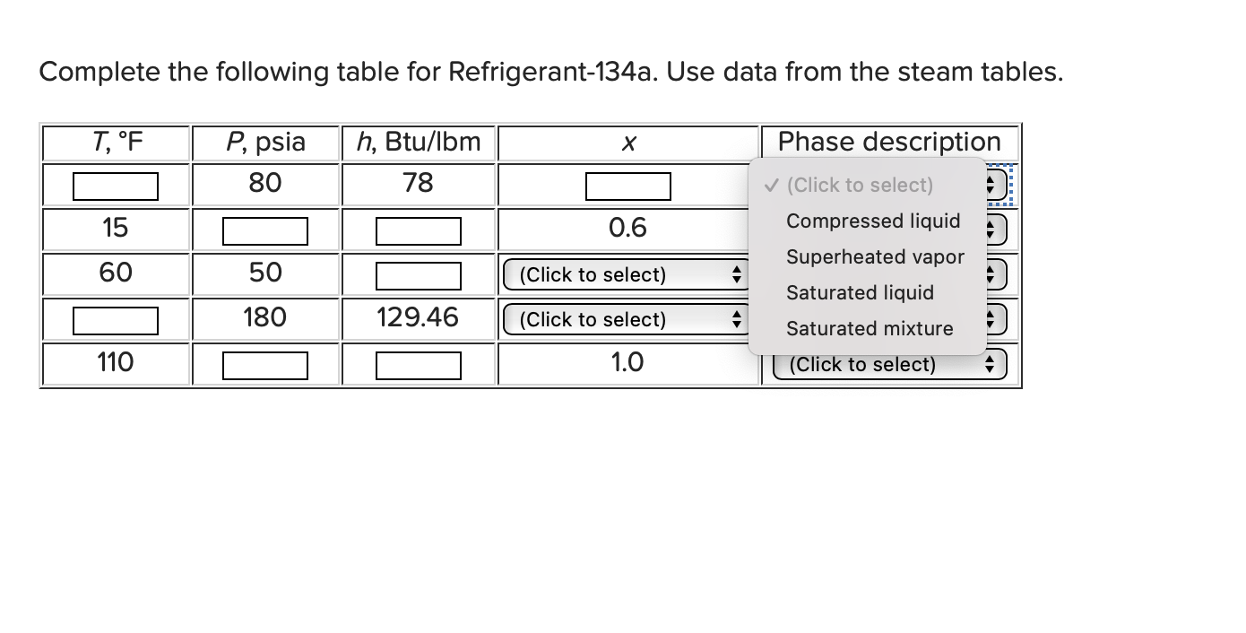 Solved Complete the following table for Refrigerant-134a. | Chegg.com