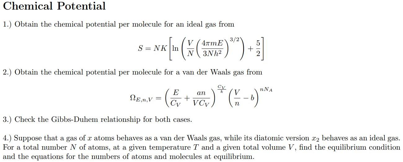 Solved Chemical Potential 1.) Obtain the chemical potential | Chegg.com