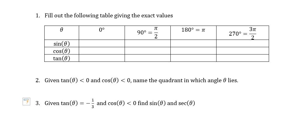 Solved 1. Fill out the following table giving the exact | Chegg.com