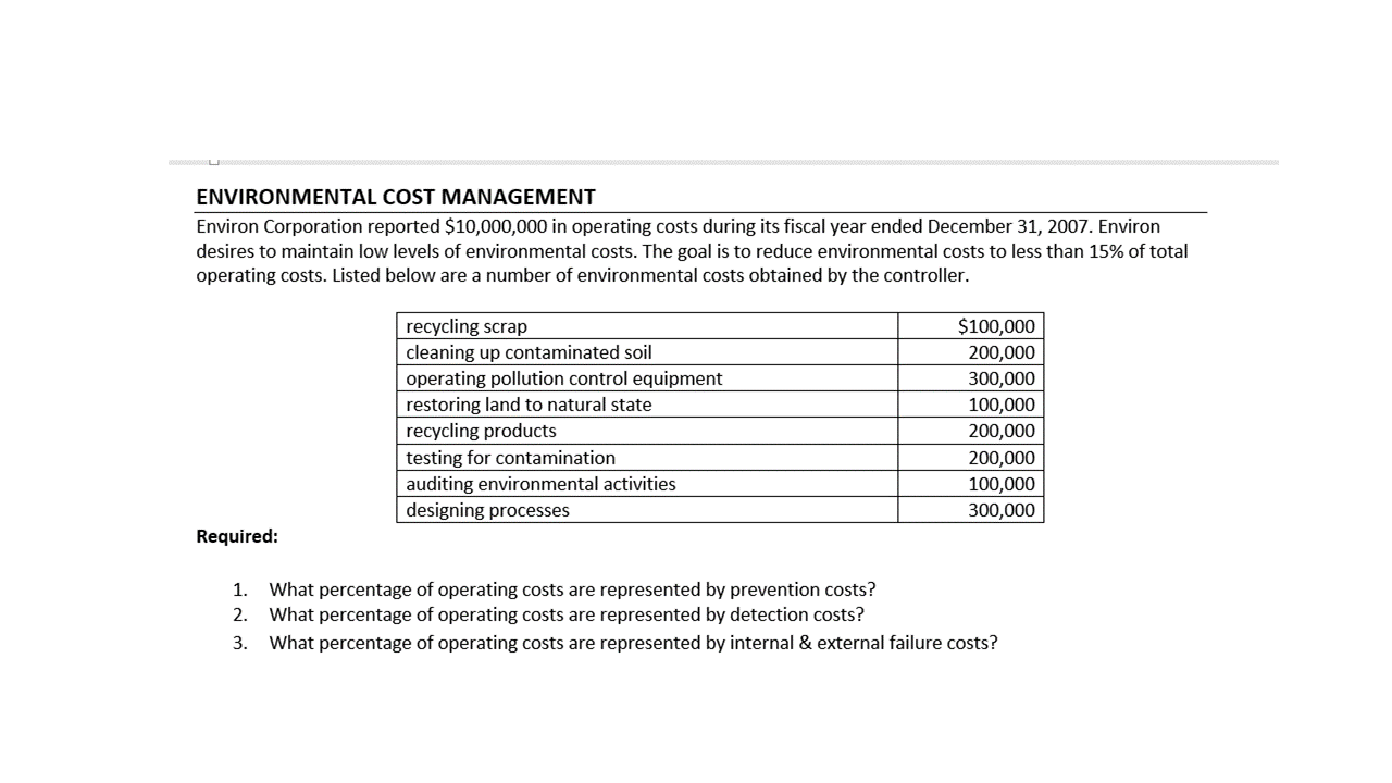 Solved ENVIRONMENTAL COST MANAGEMENT Environ Corporation | Chegg.com