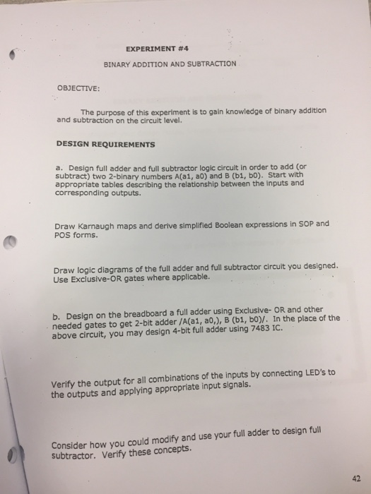 Solved EXPERIMENT #4 BINARY ADDITION AND SUBTRACTION | Chegg.com