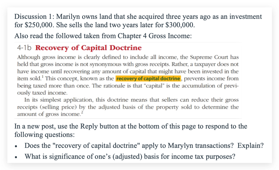 Solved Discussion 1: Marilyn owns land that she acquired | Chegg.com