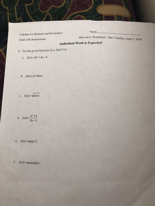 Solved Name. Calculus for Business and Economics Derivative | Chegg.com
