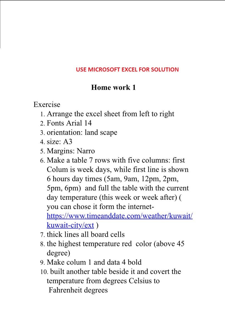 Solved USE MICROSOFT EXCEL FOR SOLUTION Home work 1 Exercise | Chegg.com