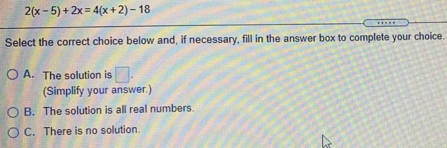 Solved Solve the equation. X-5= -2x-5 Select the correct | Chegg.com