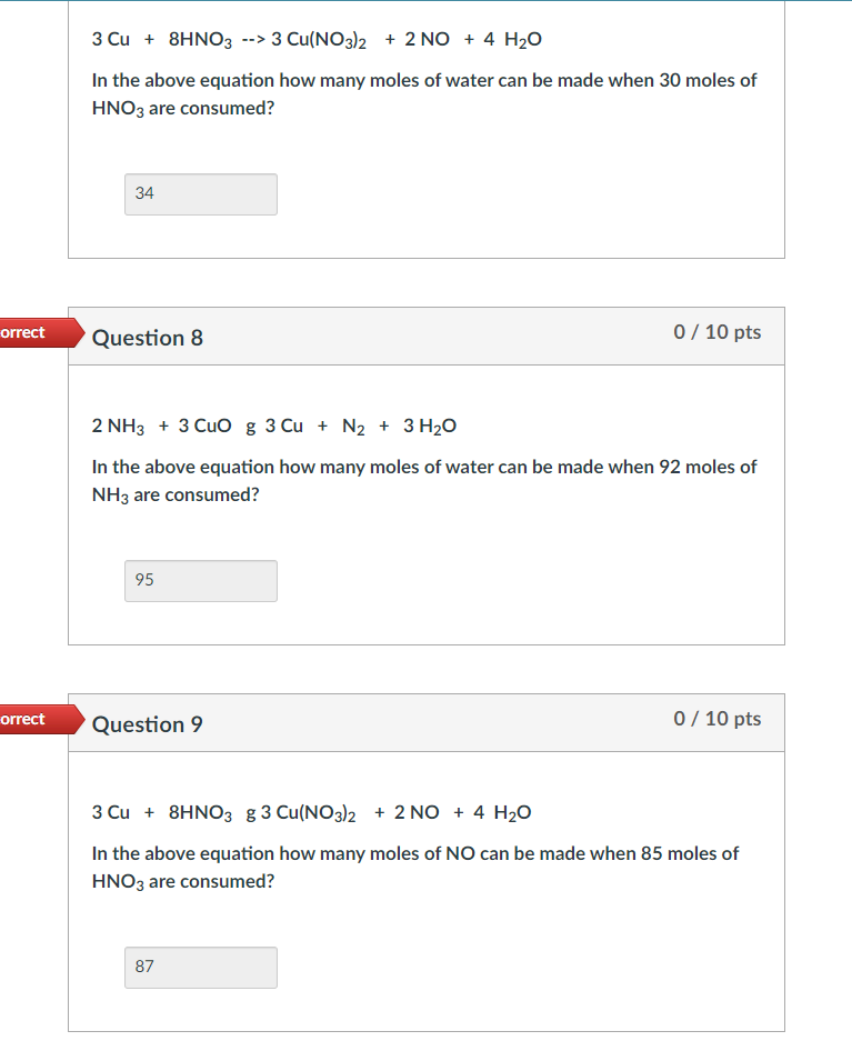 Solved 3 Cu + 8HNO3 --> 3 Cu(NO3)2 + 2 NO + 4 H20 In the | Chegg.com