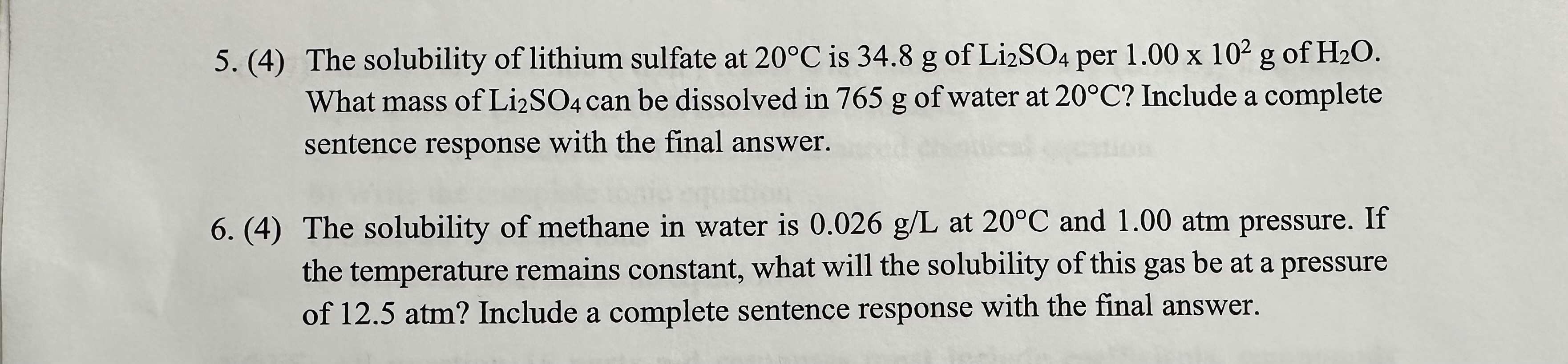 Solved 5. (4) The solubility of lithium sulfate at 20∘C is | Chegg.com
