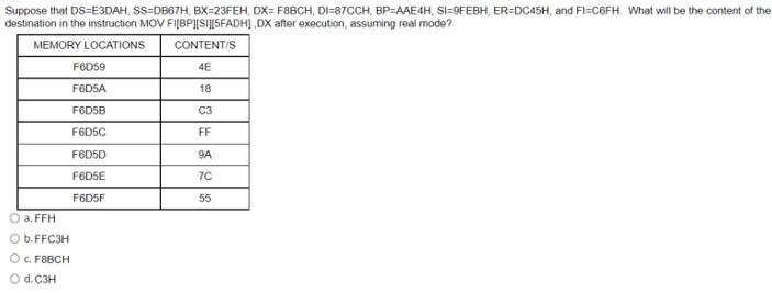 Solved Suppose that DS=E3DAH, SS=0B67H, BX=23FEH DX=F8BCH, | Chegg.com